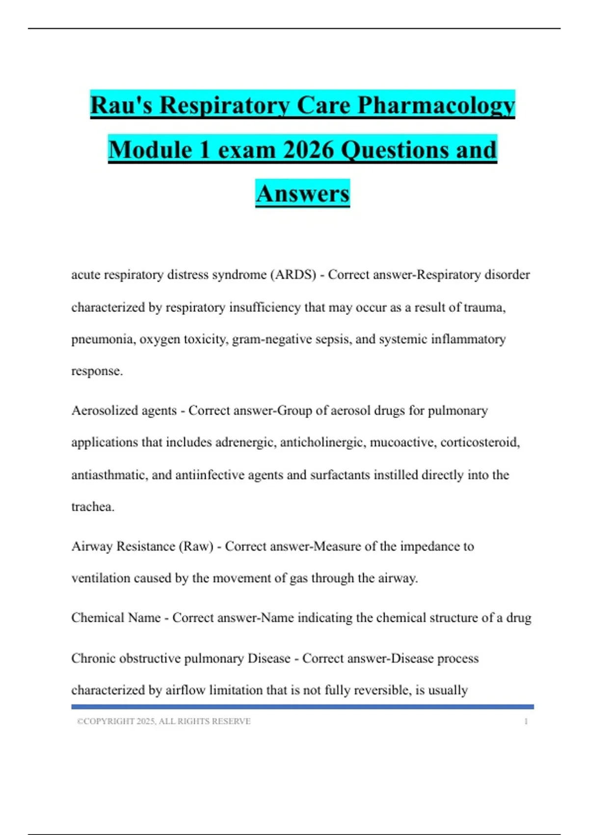 Rau's Respiratory Care Pharmacology Module 1 exam 2026 Questions and ...