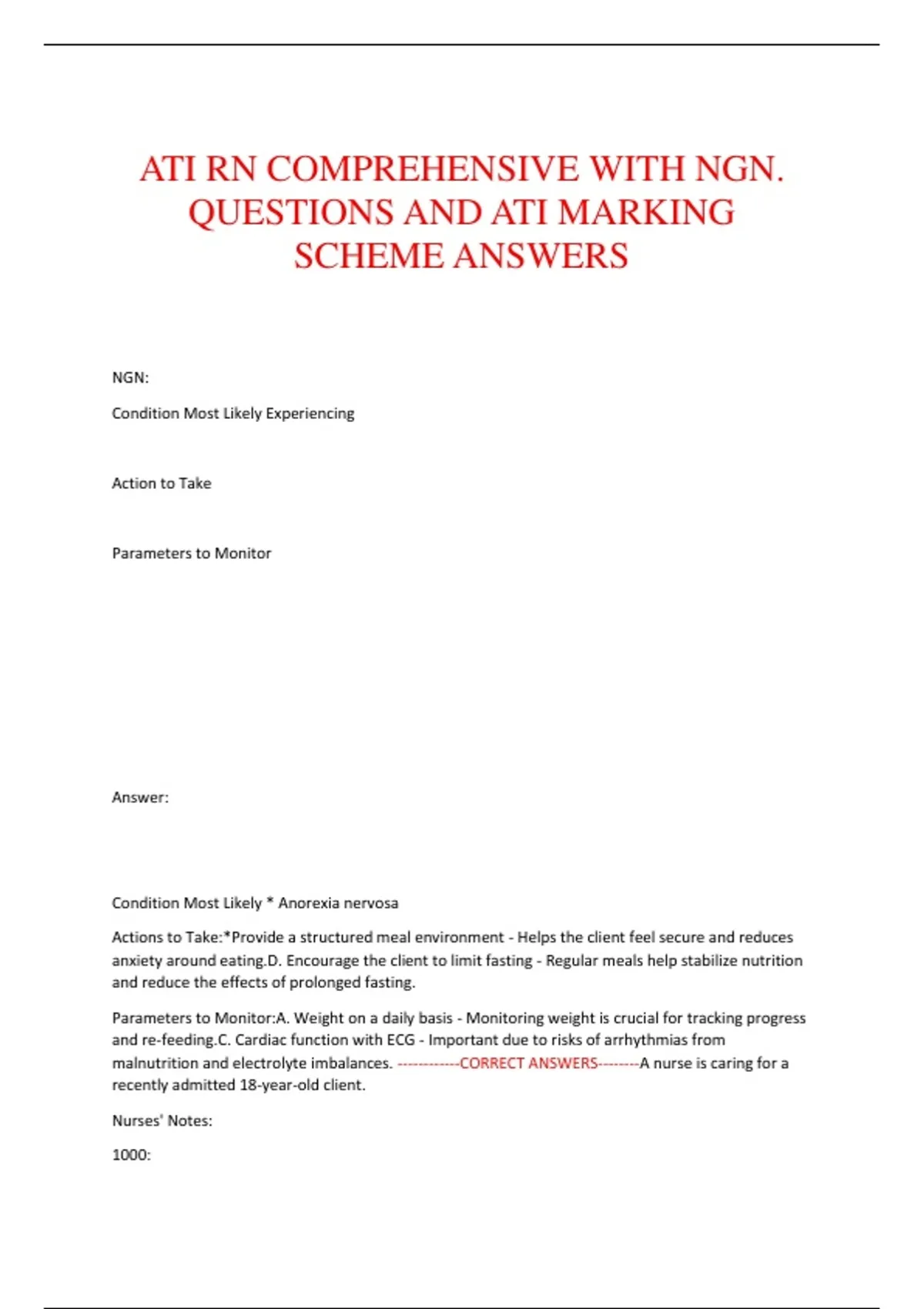 ATI RN COMPREHENSIVE WITH NGN. QUESTIONS AND ATI MARKING SCHEME ANSWERS - ATI RN COMPREHENSIVE ...
