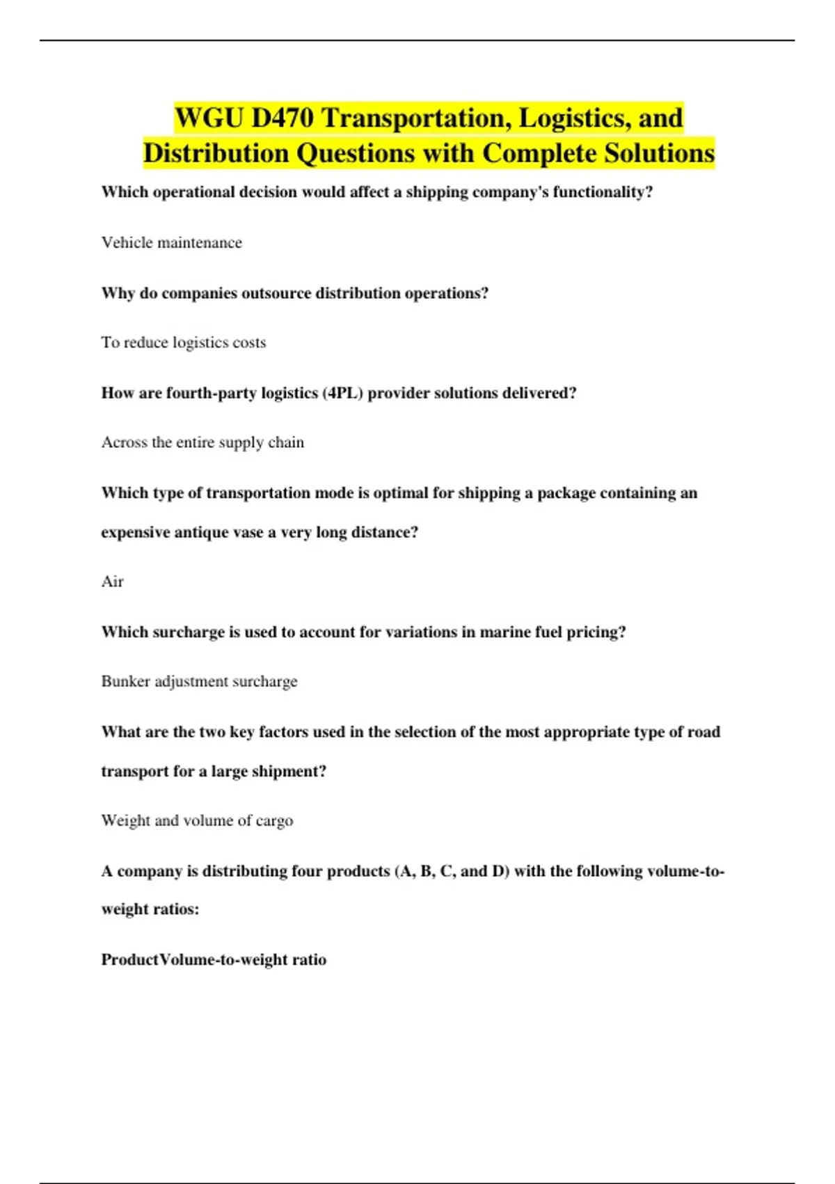 WGU D470 Transportation, Logistics, and Distribution Questions with ...