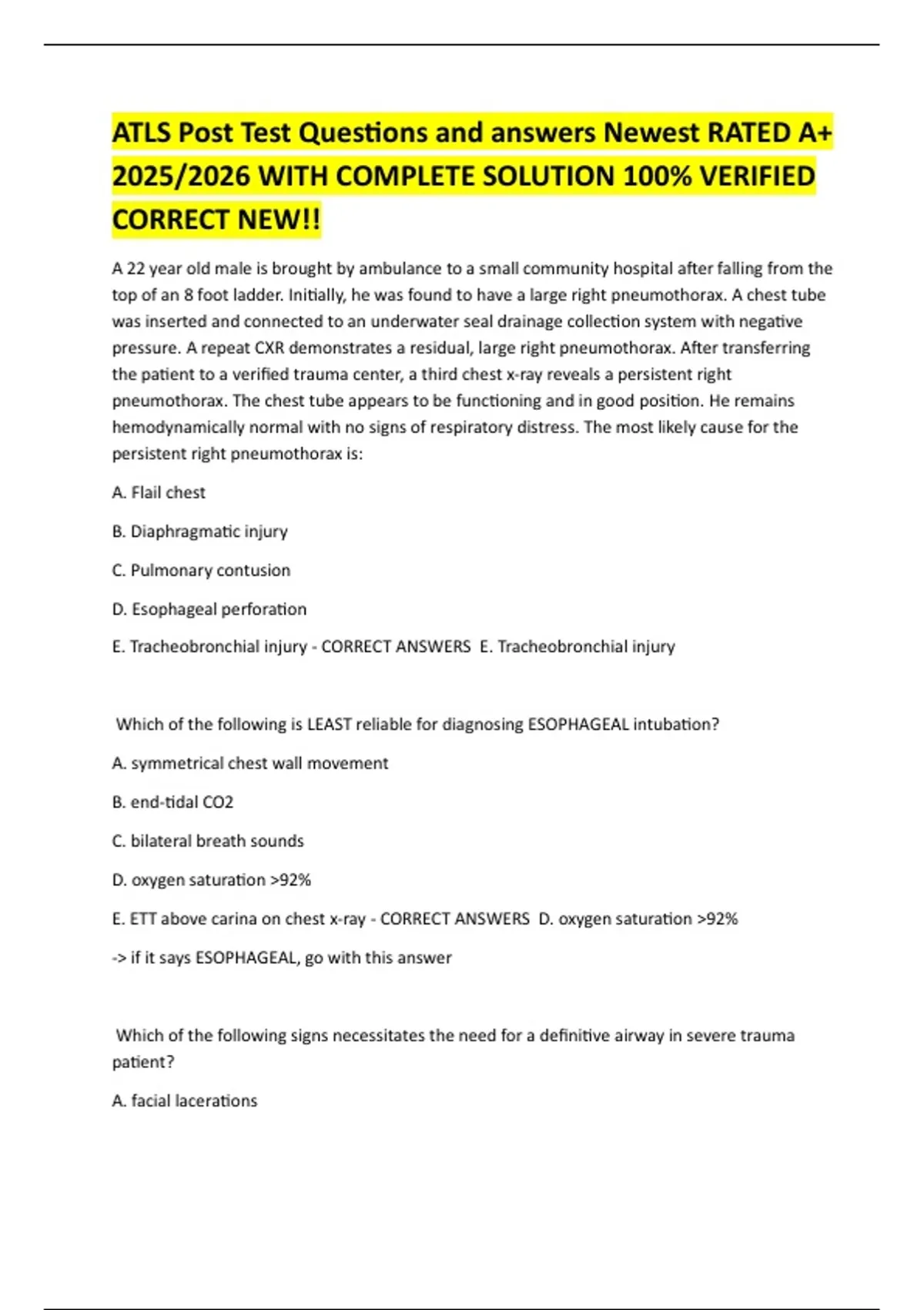 ATLS Post Test Questions and answers Newest RATED A+ 2025/2026 WITH ...