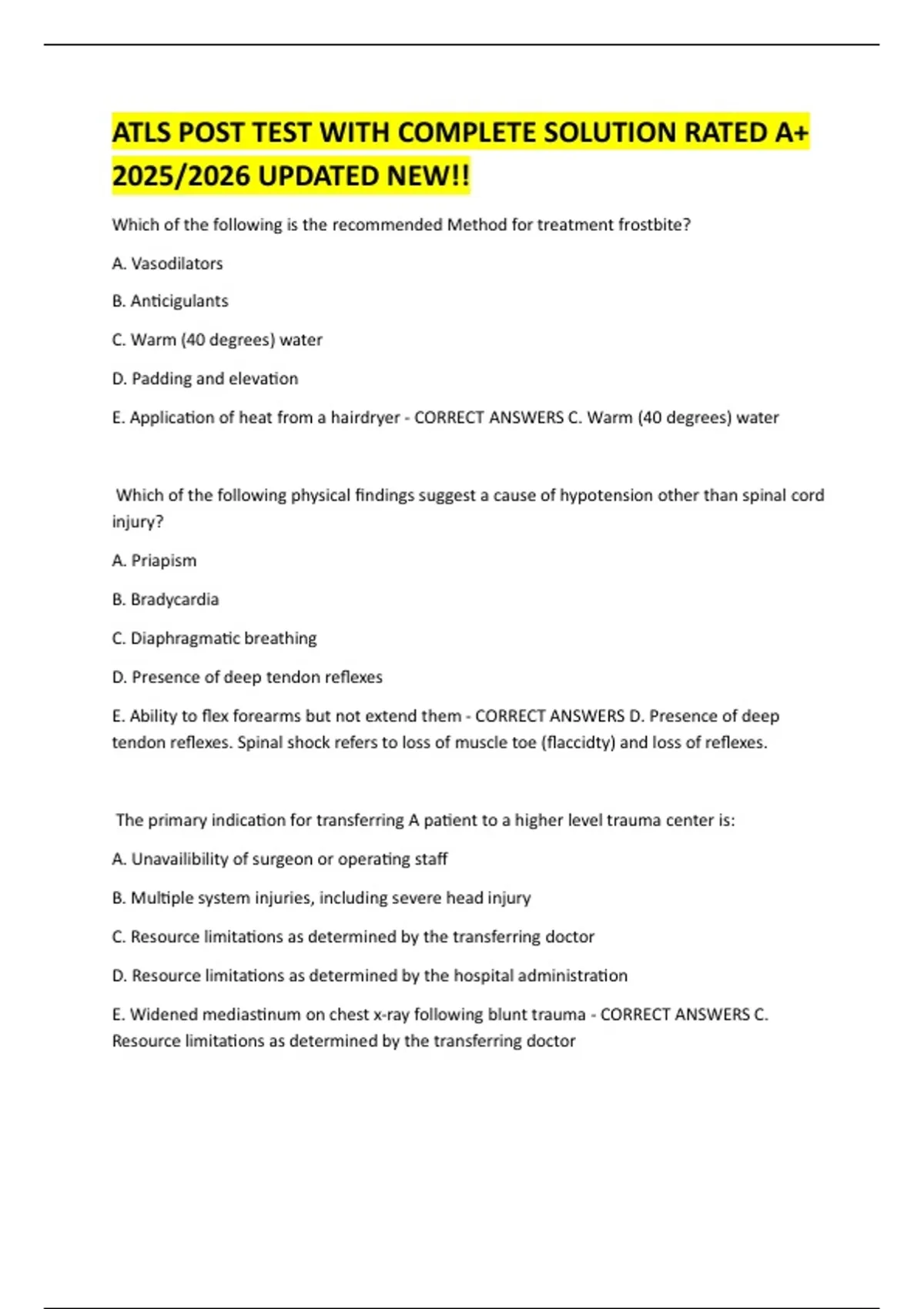 ATLS POST TEST WITH COMPLETE SOLUTION RATED A+ 2025/2026 UPDATED NEW ...