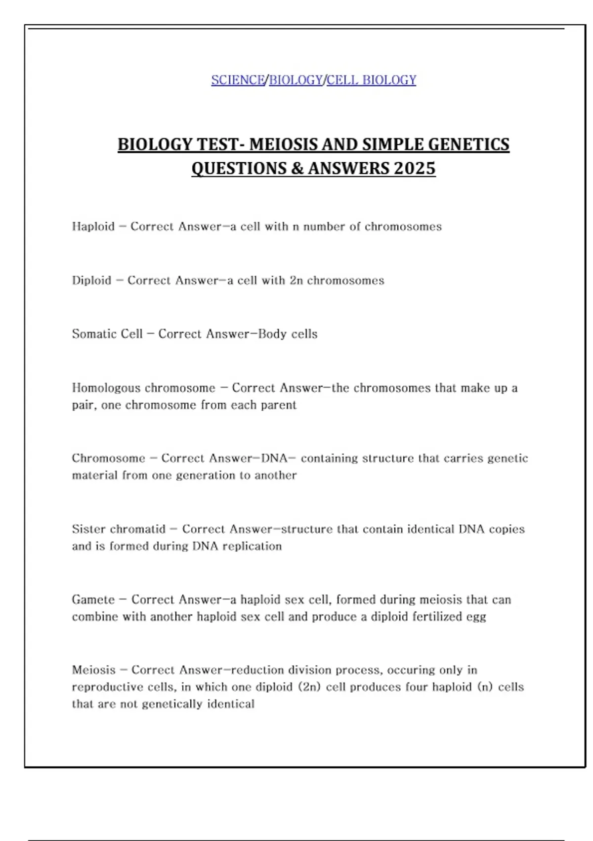 BIOLOGY TEST- MEIOSIS AND SIMPLE GENETICS QUESTIONS & ANSWERS 2025 ...