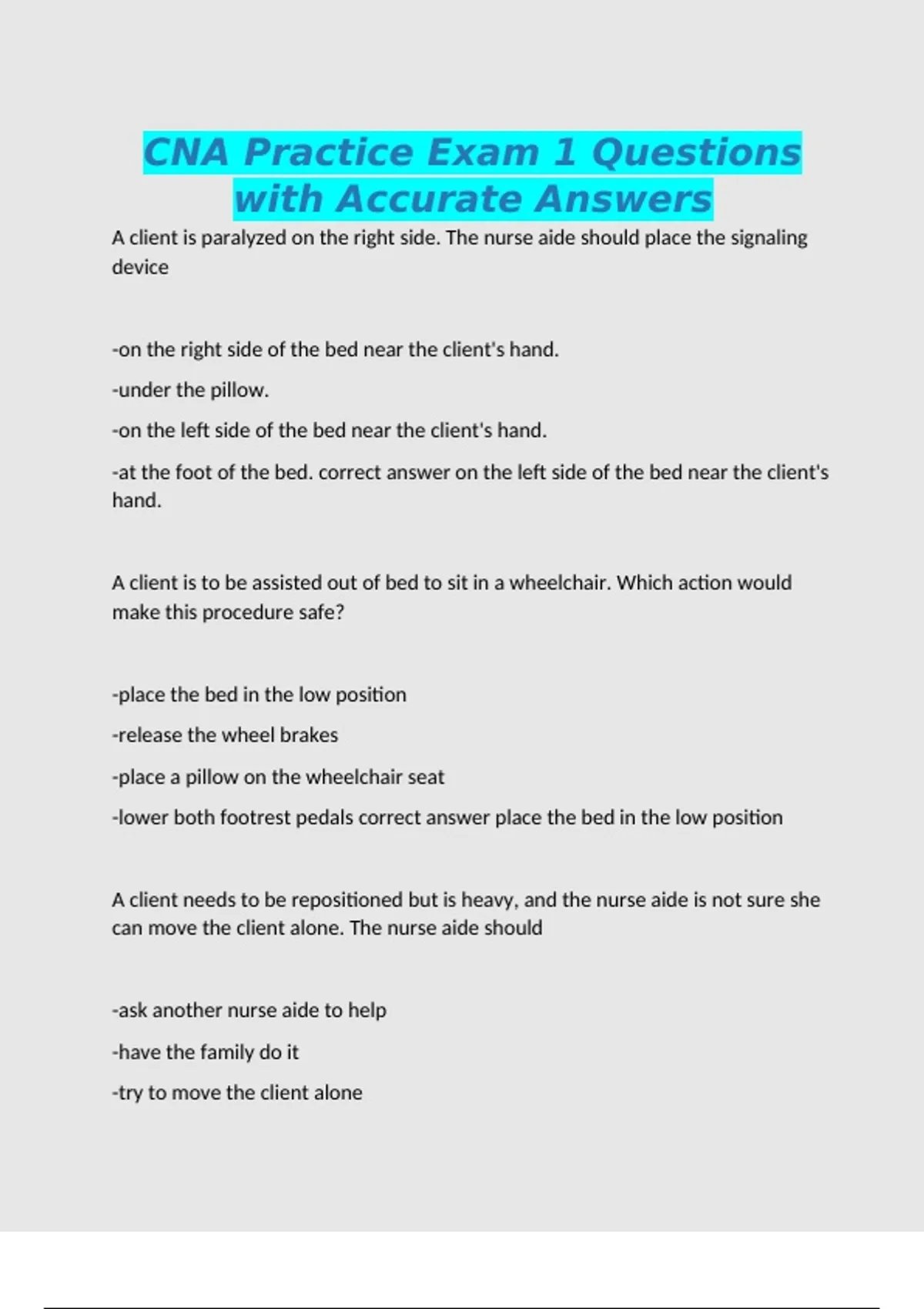 CNA Practice Exam 1 Questions with Accurate Answers - CNA - Certified ...