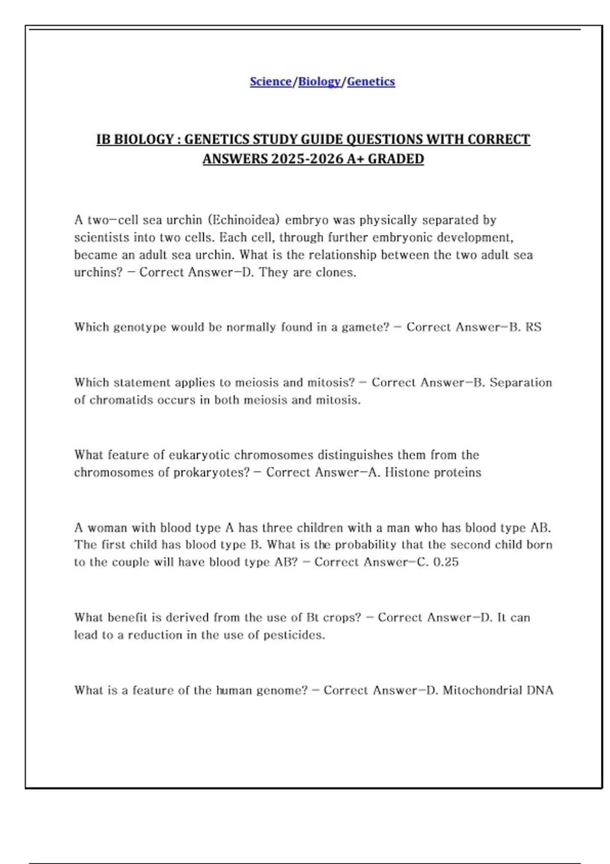 IB BIOLOGY : GENETICS STUDY GUIDE QUESTIONS WITH CORRECT ANSWERS A+ ...