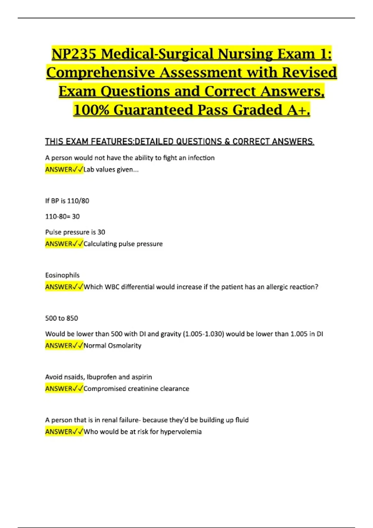 NP235 Medical-Surgical Nursing Exam 1: Comprehensive Assessment with ...