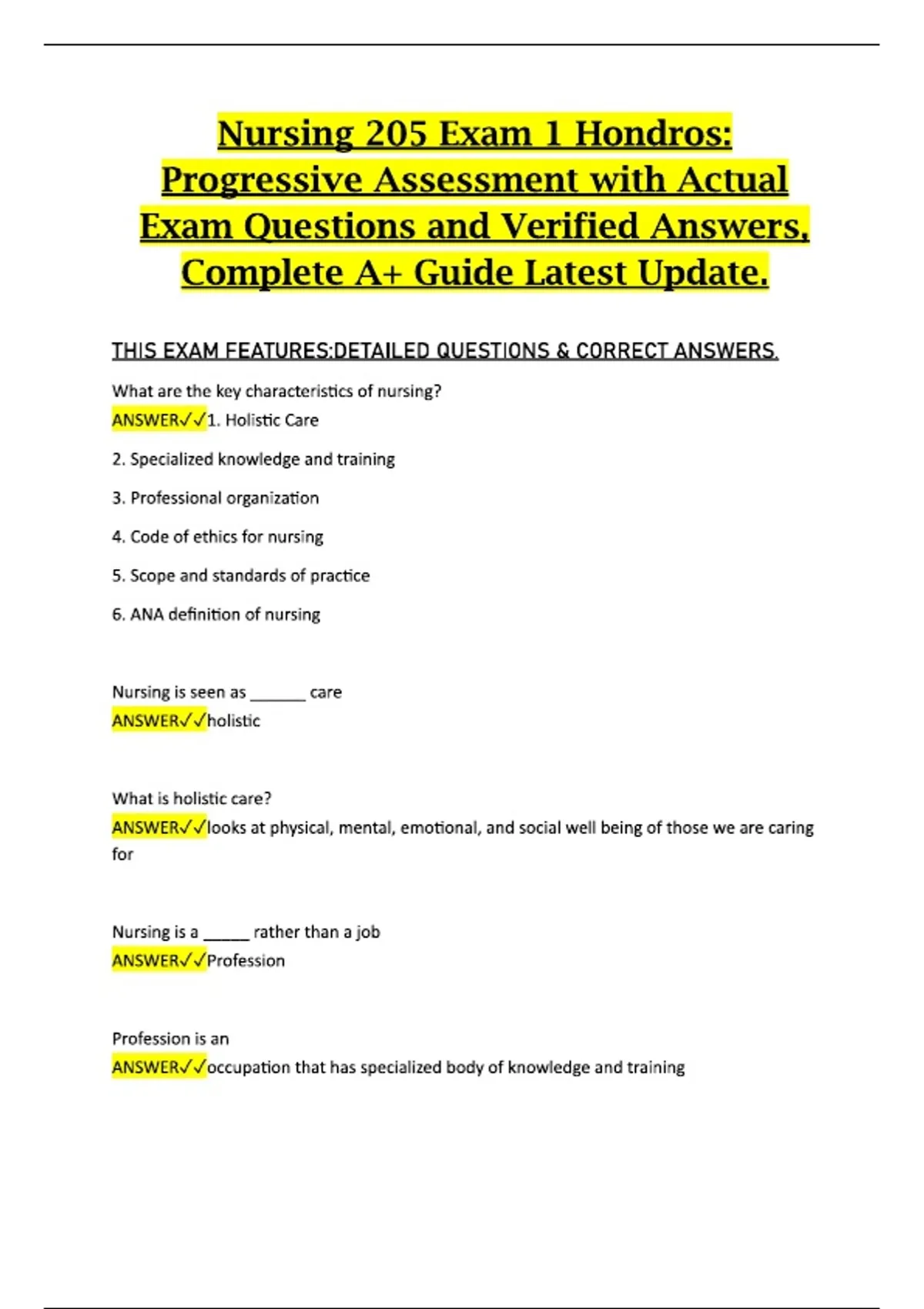 Nursing 205 Exam 1 Hondros: Progressive Assessment with Actual Exam ...