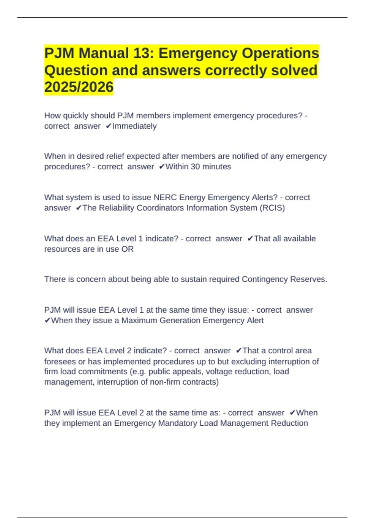 PJM Manual 13: Emergency Operations Question and answers correctly ...