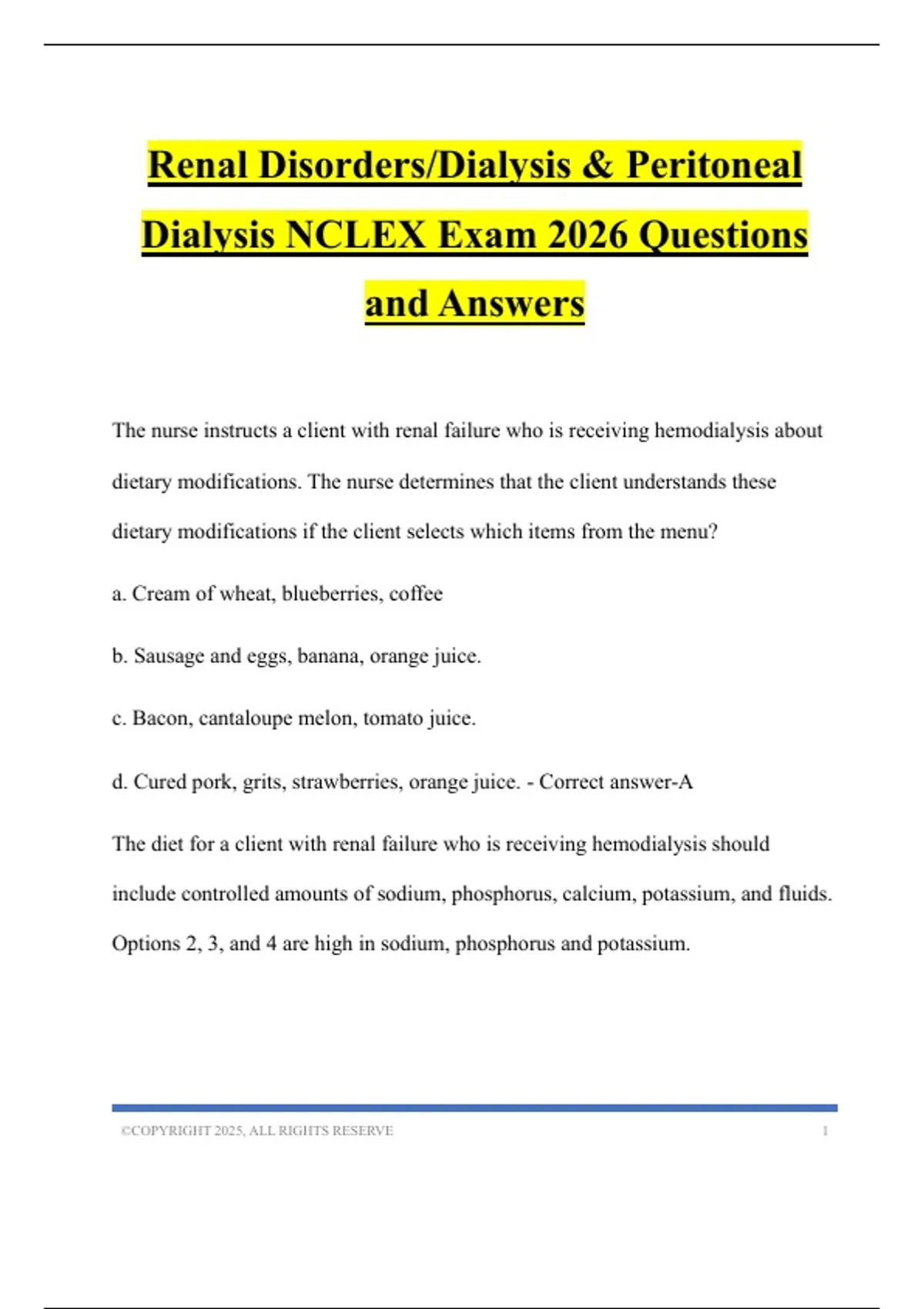 Renal Disorders/Dialysis & Peritoneal Dialysis NCLEX Exam 2026 ...