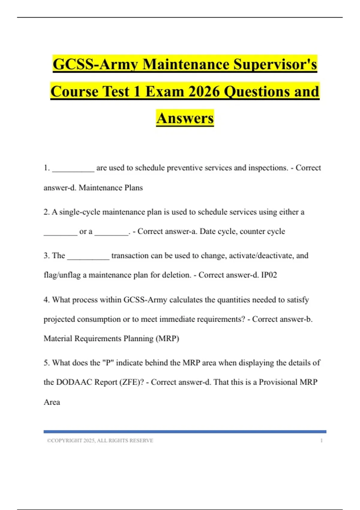 GCSS-Army Maintenance Supervisor's Course Test 1 Exam 2026 Questions ...