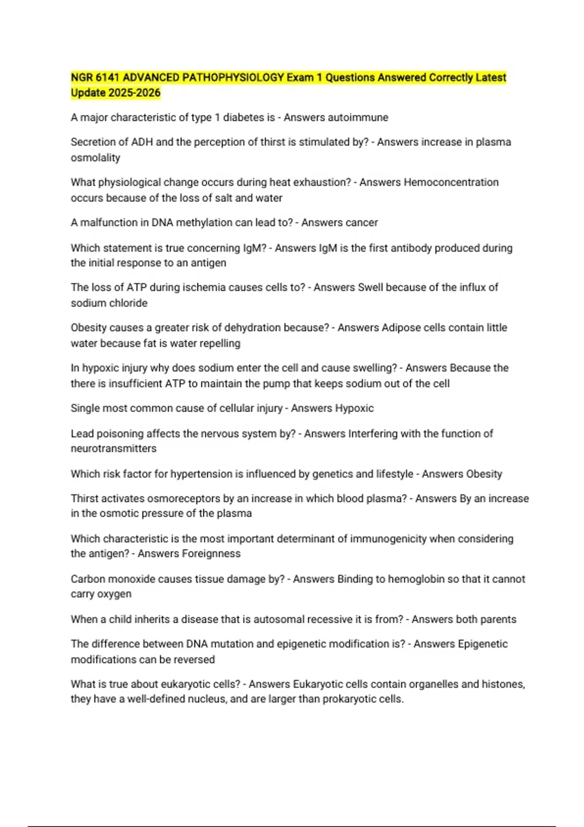 NGR 6141 ADVANCED PATHOPHYSIOLOGY Exam 1 Questions Answered Correctly ...