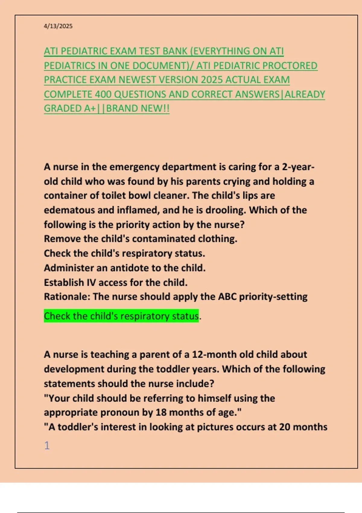 ATI Pediatrics Exam Test Bank & Proctored Practice Exam – Complete 400 ...