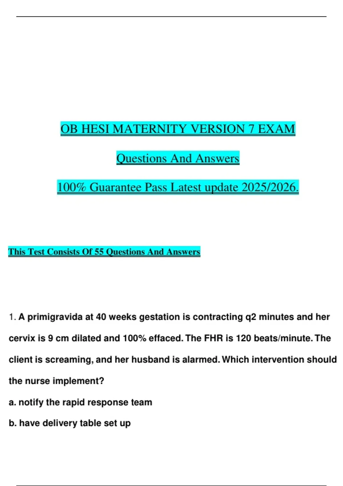 OB HESI Maternity Version 7 Exam | Questions & Answers | 100% Verified ...