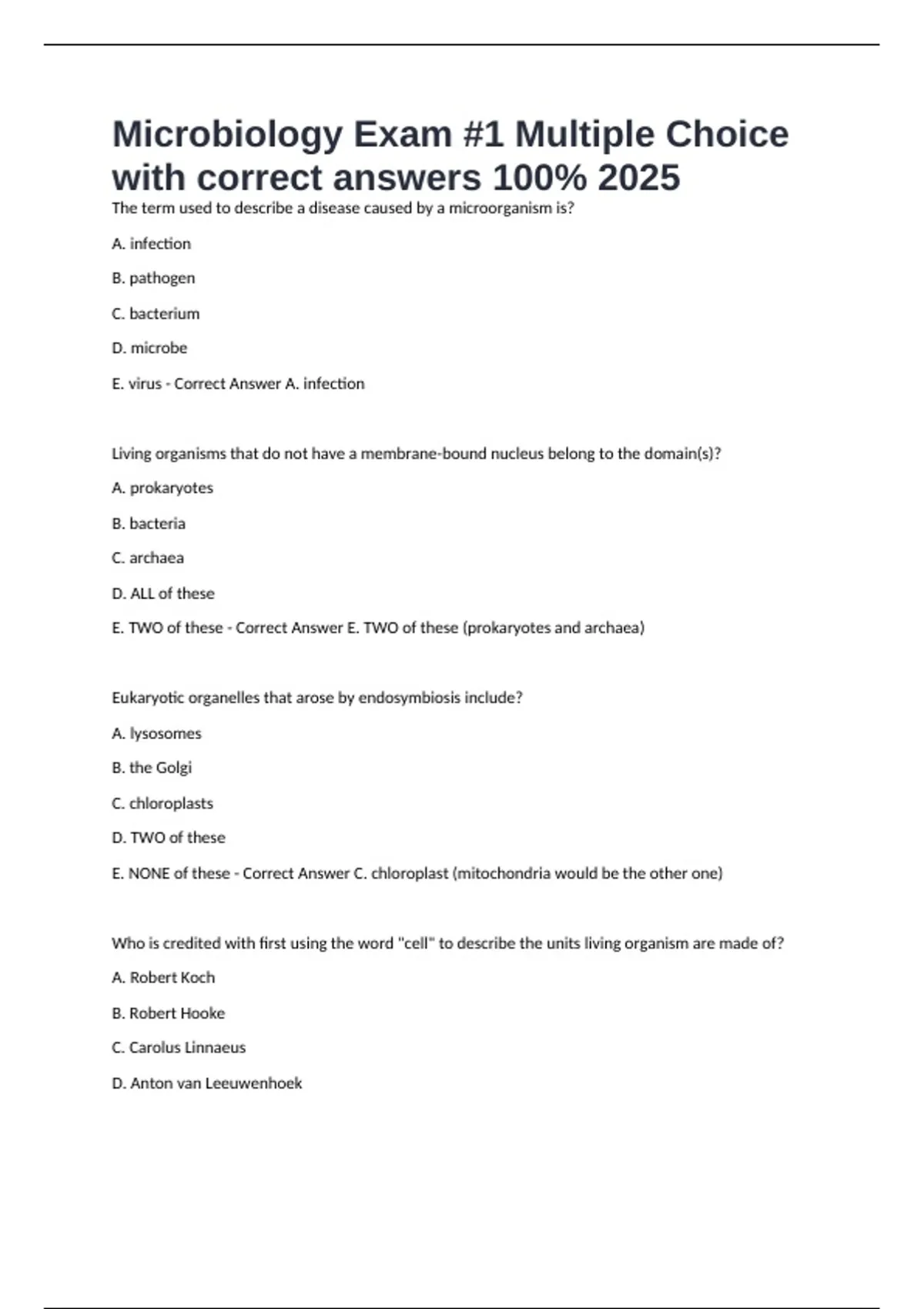 Microbiology Exam #1 Multiple Choice with correct answers 100% 2025 ...