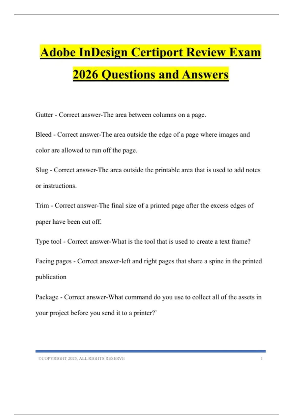 Adobe InDesign Certiport Review Exam 2026 Questions and Answers - Adobe ...