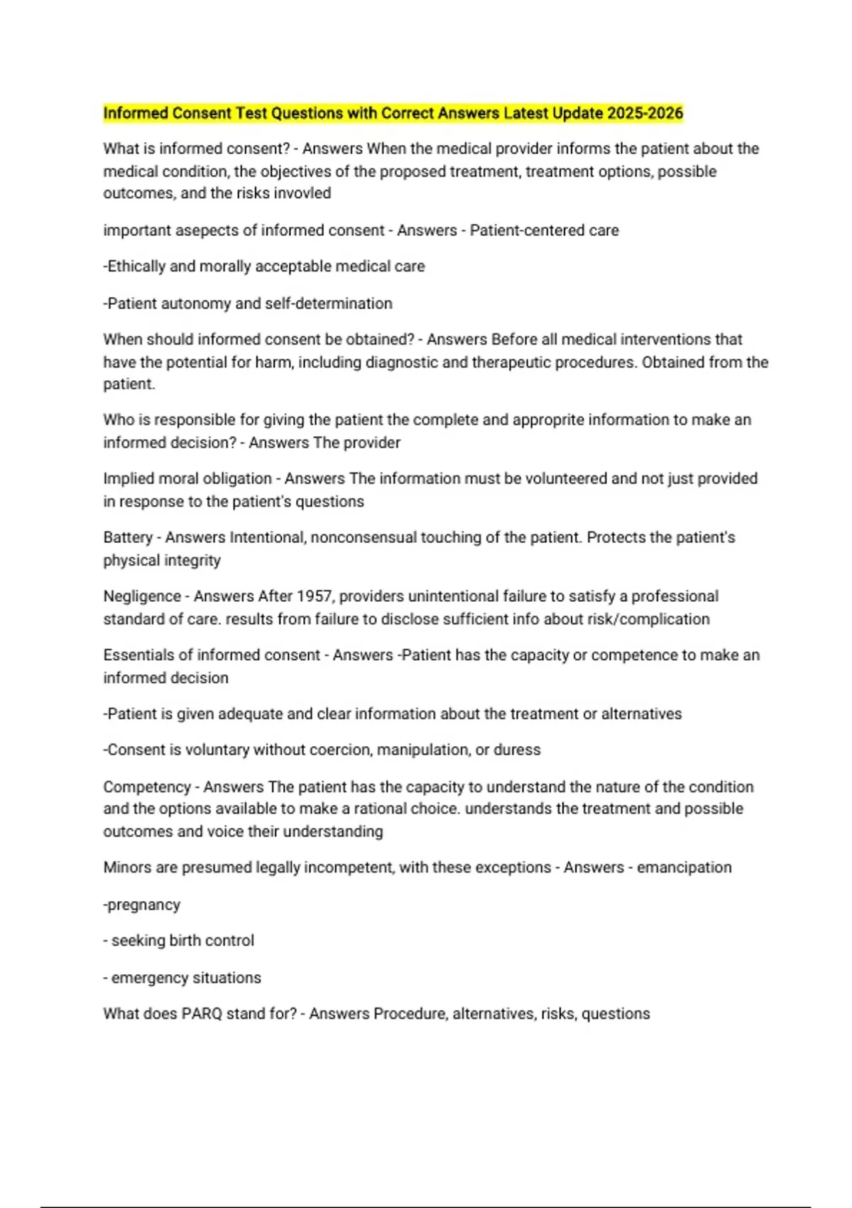 Informed Consent Test Questions with Correct Answers Latest Update ...
