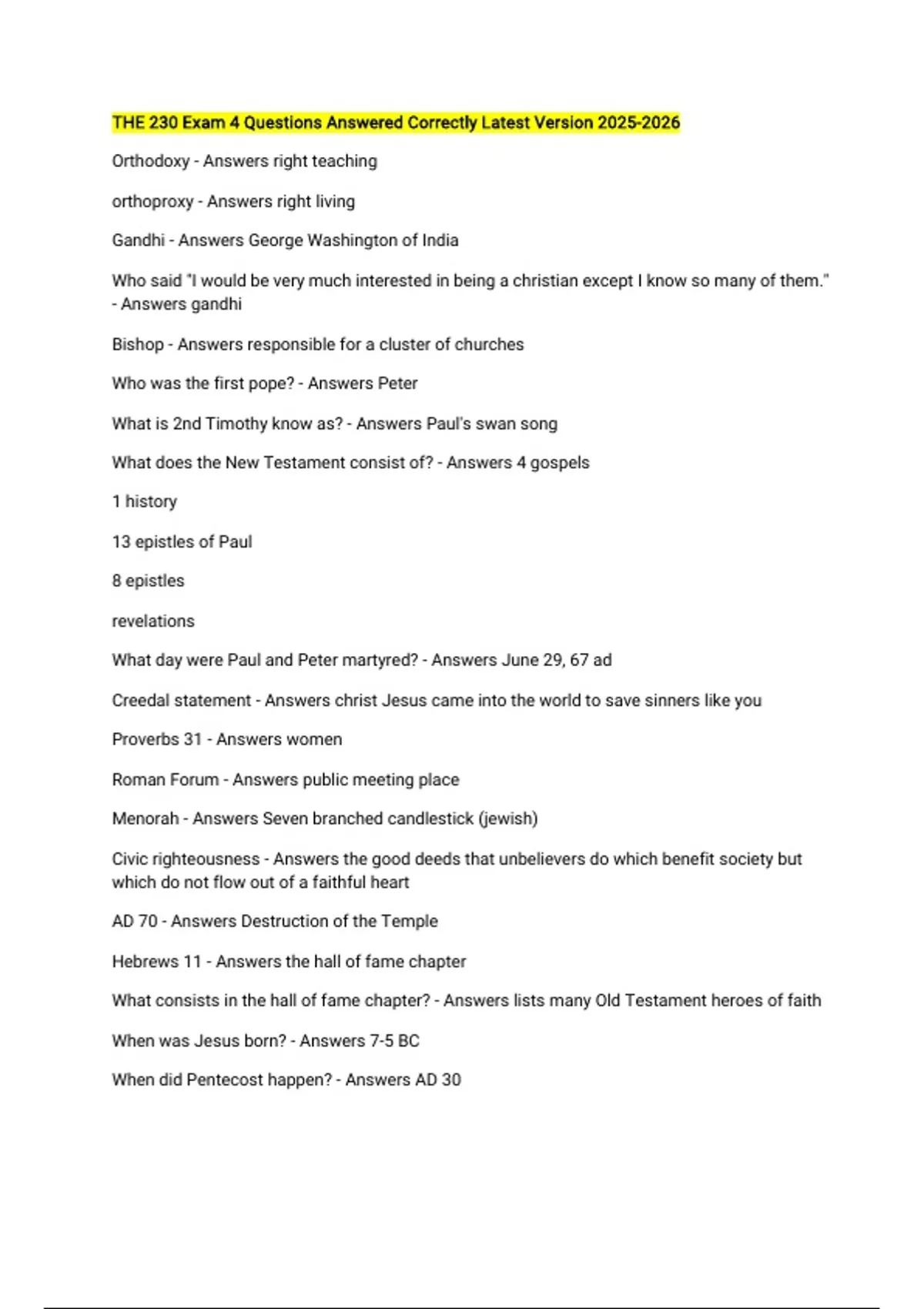 THE 230 Exam 4 Questions Answered Correctly Latest Version - THE 230 ...