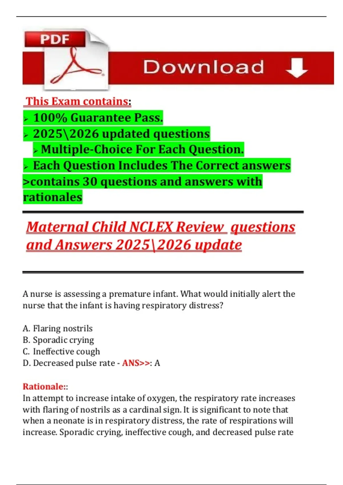 Maternal Child NCLEX Review – 30 Updated Questions with Correct Answers ...