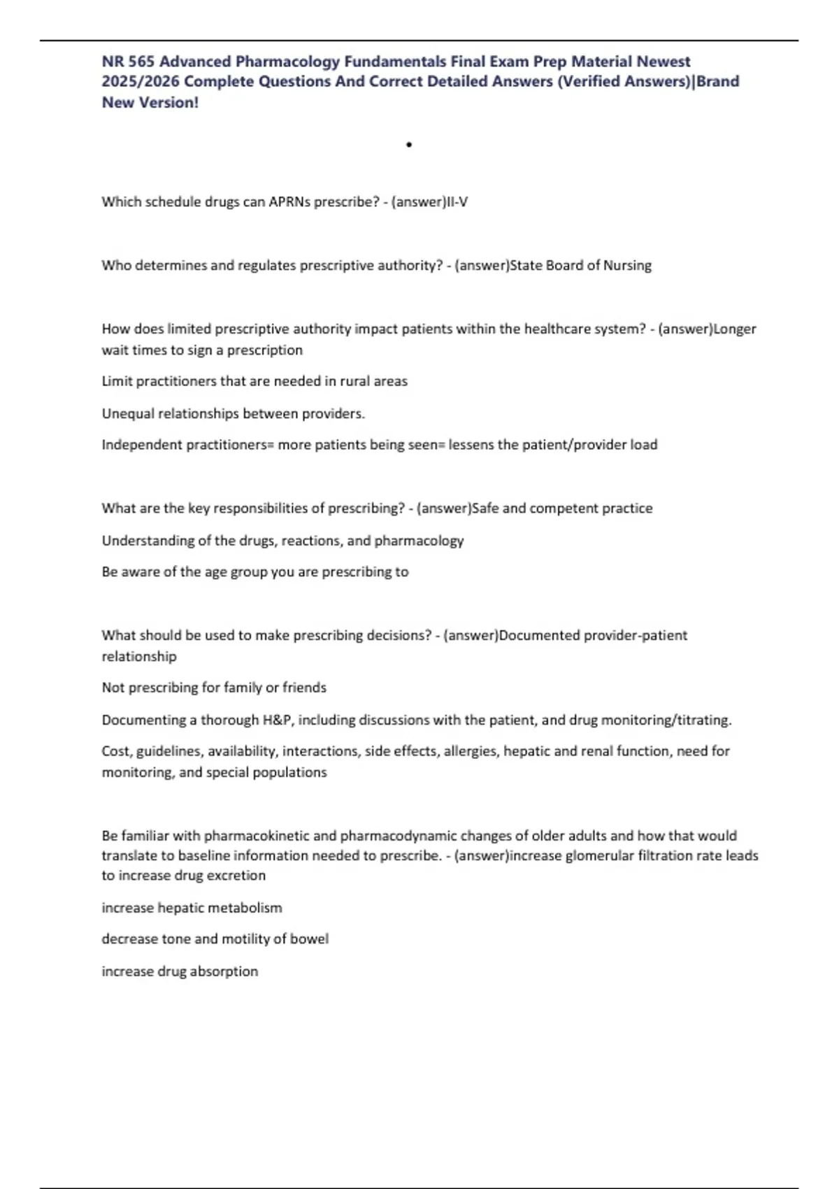 NR 565 Advanced Pharmacology Fundamentals Final Exam Prep Material ...