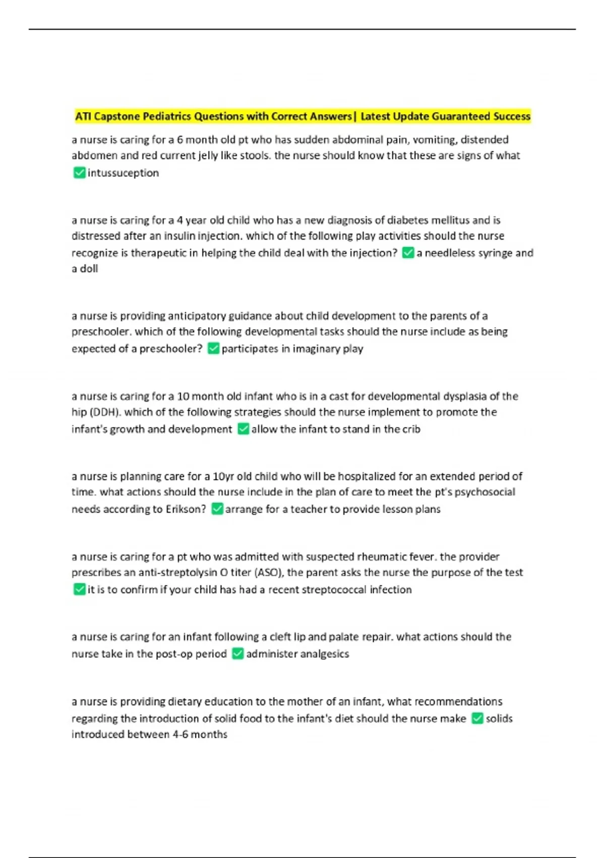 ATI Capstone Pediatrics Questions with Correct Answers| Latest Update ...