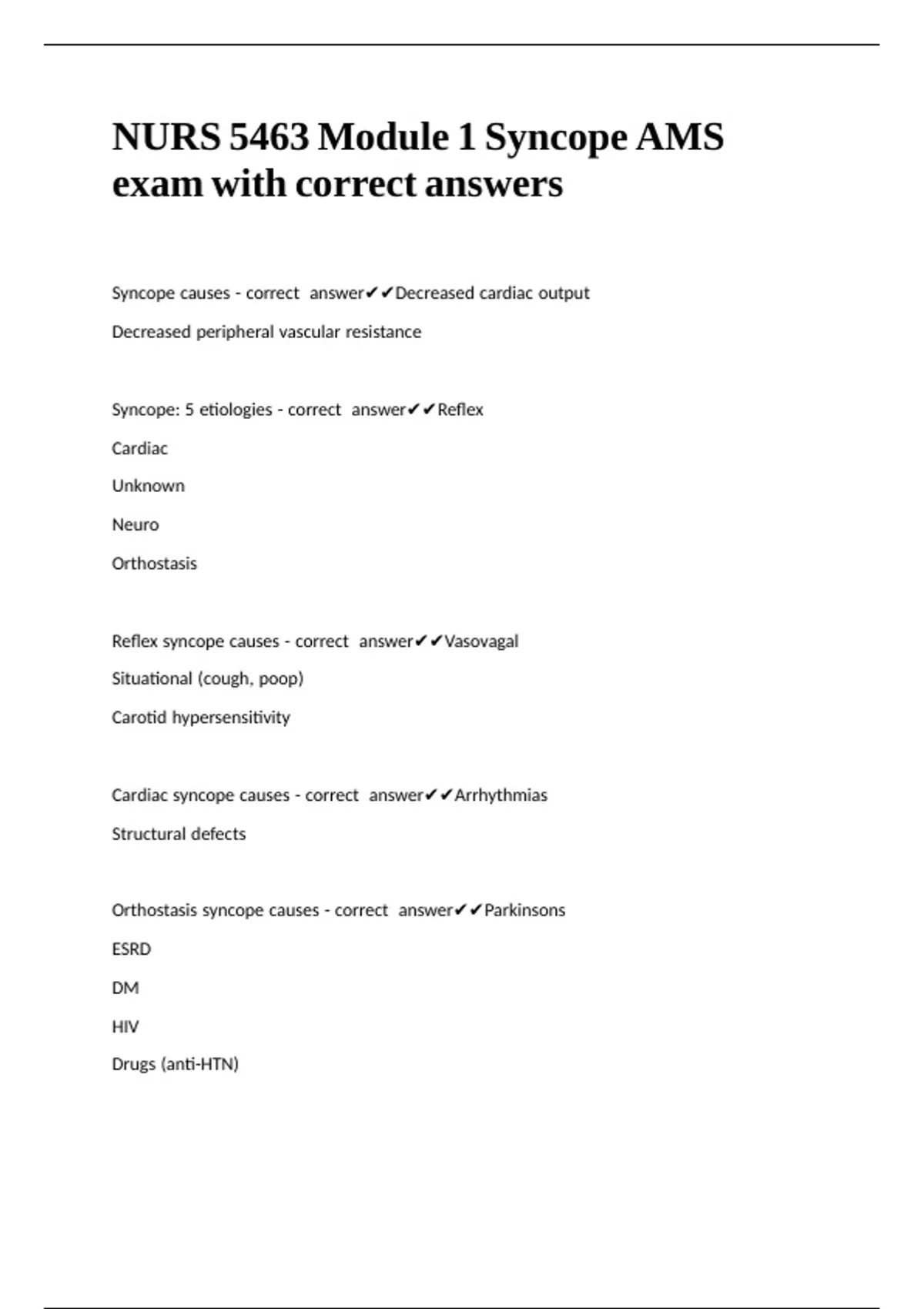 NURS 5463 Module 1 Syncope AMS exam with correct answers - NURS 5463 ...