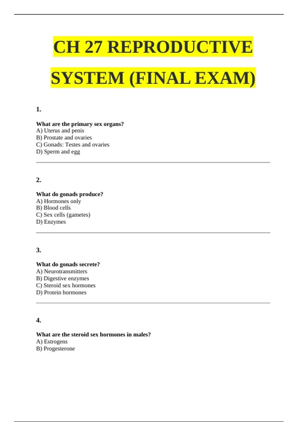 CH 27 REPRODUCTIVE SYSTEM (FINAL EXAM) - CH 27 REPRODUCTIVE SYSTEM ...
