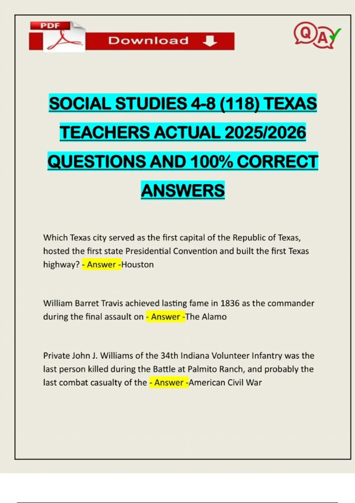 SOCIAL STUDIES 4-8 (118) TEXAS TEACHERS ACTUAL 2025/2026 QUESTIONS AND ...
