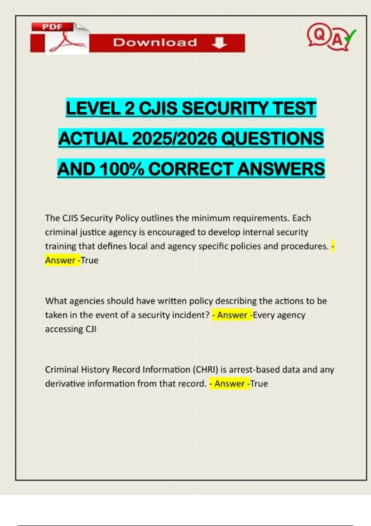 LEVEL 2 CJIS SECURITY TEST ACTUAL 2025/2026 QUESTIONS AND 100% CORRECT ...