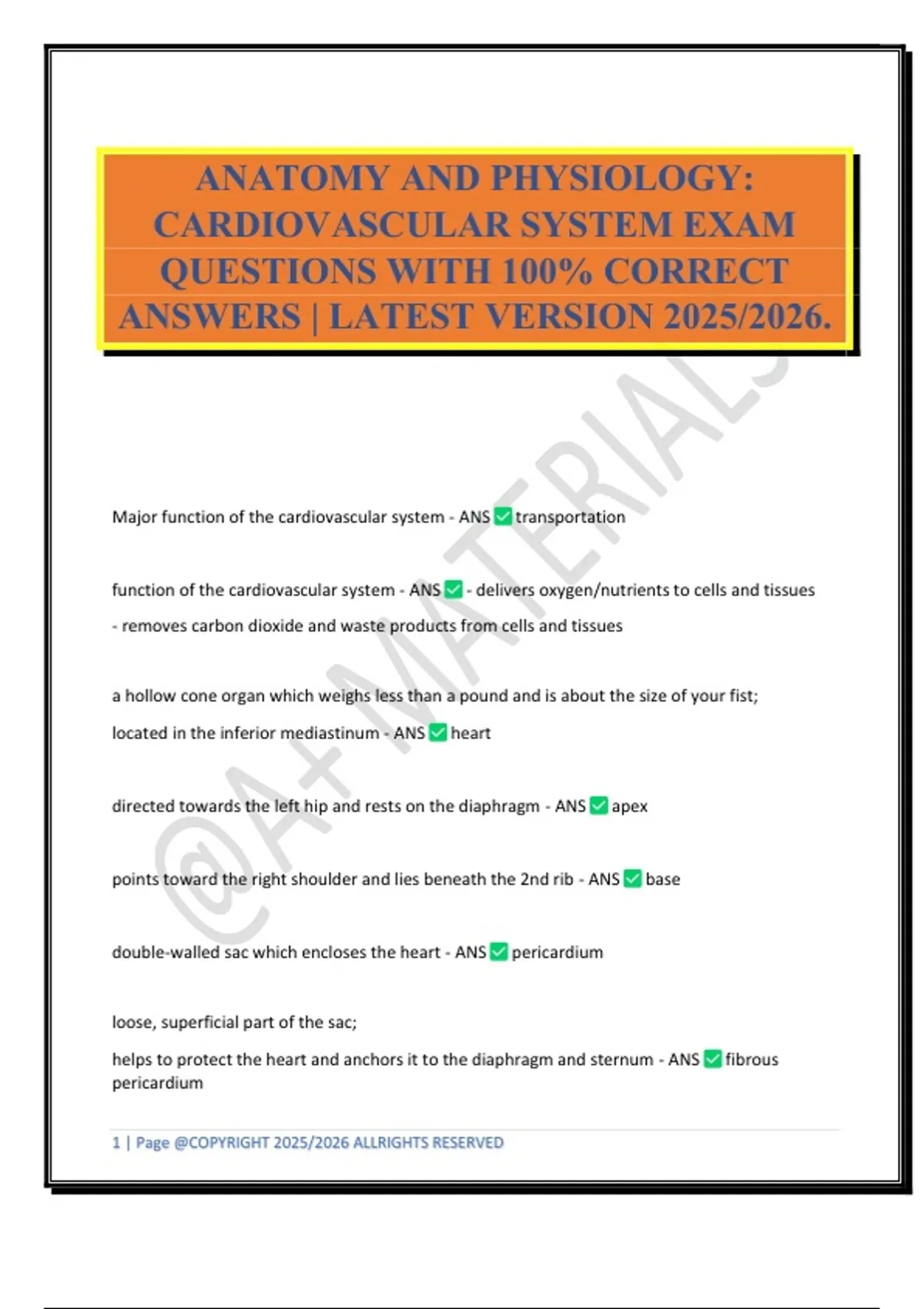 ANATOMY AND PHYSIOLOGY: CARDIOVASCULAR SYSTEM EXAM QUESTIONS WITH 100% ...