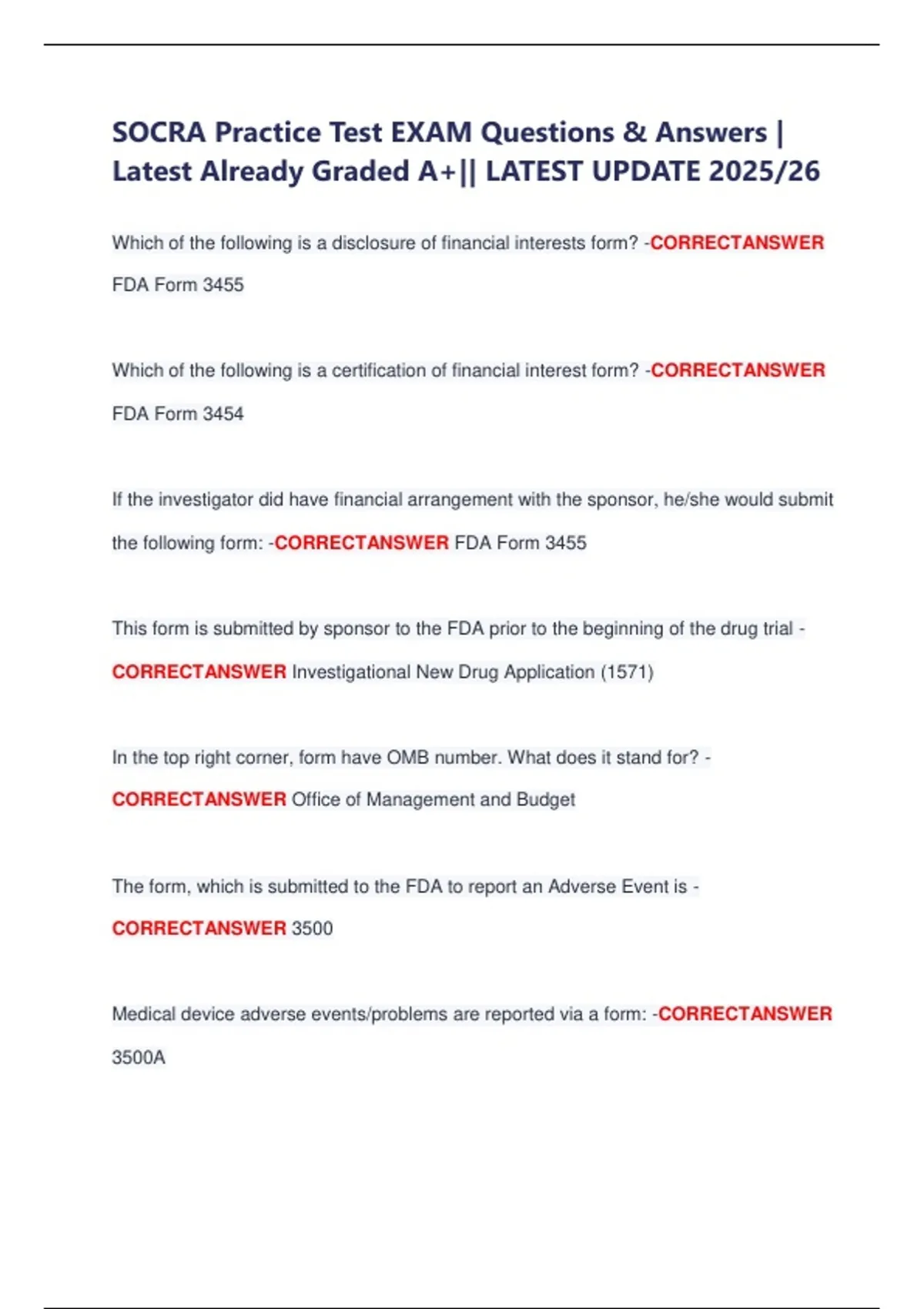 SOCRA Practice Test EXAM Questions & Answers | Latest Already Graded A+ ...