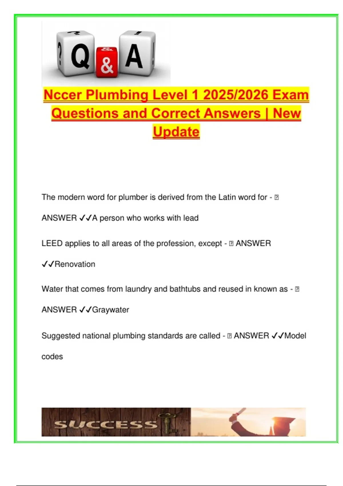 NCCER Plumbing Level 1 Exam (2025/2026) | 240+ Verified Q&A | Complete ...