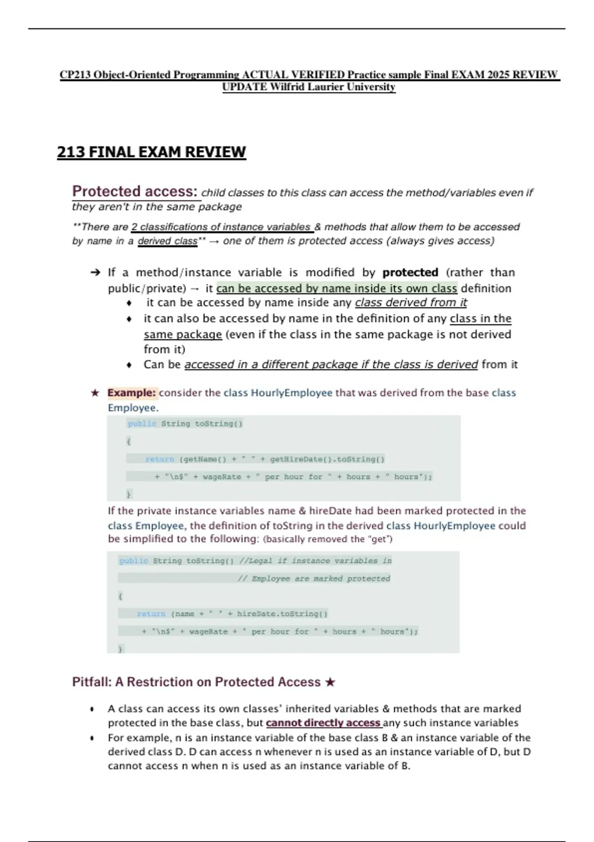 CP213 Object-Oriented Programming ACTUAL VERIFIED Practice sample Final ...