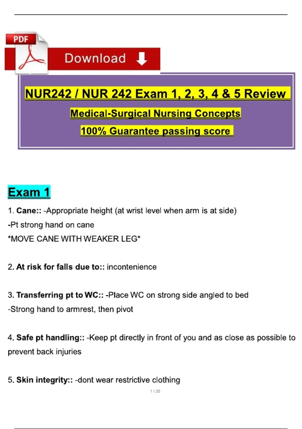 NUR242 / NUR 242 Exam 1, 2, 3, 4 & 5 Review Medical-Surgical Nursing ...