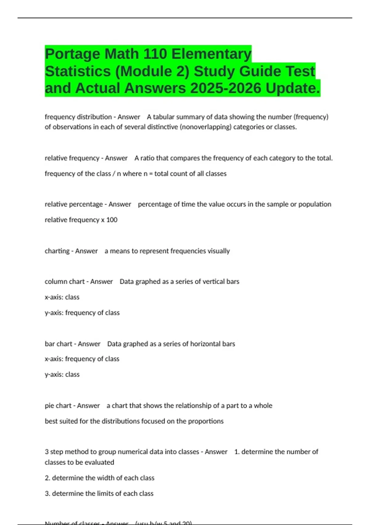 Portage Math 110 Elementary Statistics (Module 2) Study Guide Test and ...