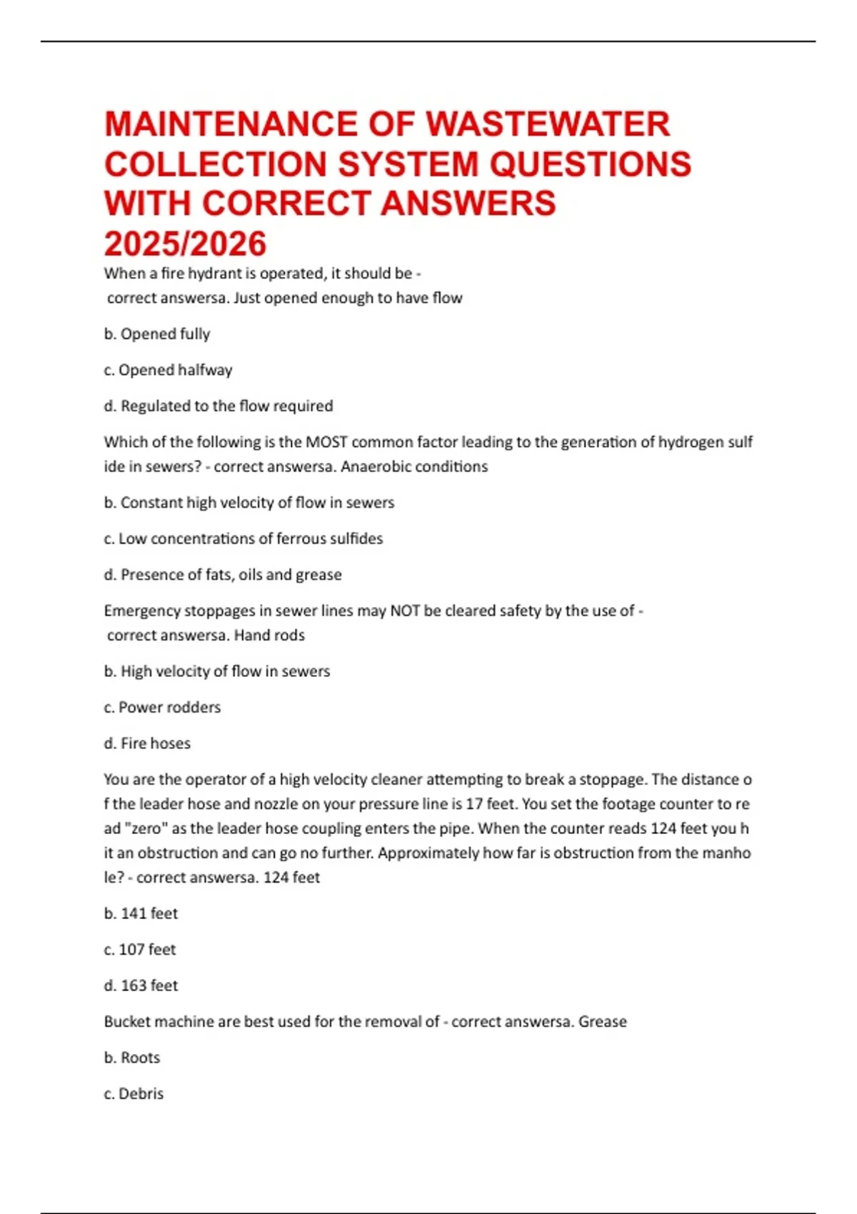 MAINTENANCE OF WASTEWATER COLLECTION SYSTEM QUESTIONS WITH CORRECT ...