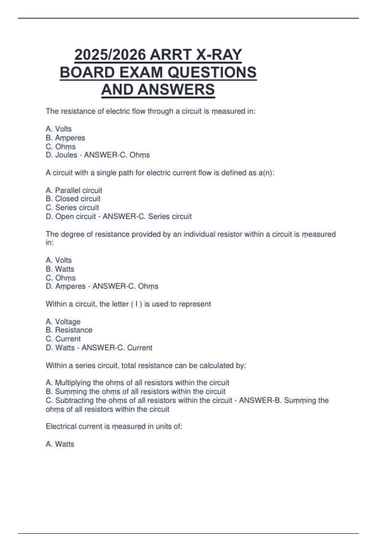 2025/2026 ARRT X-RAY BOARD EXAM QUESTIONS AND ANSWERS - ARRT REGISTRY ...