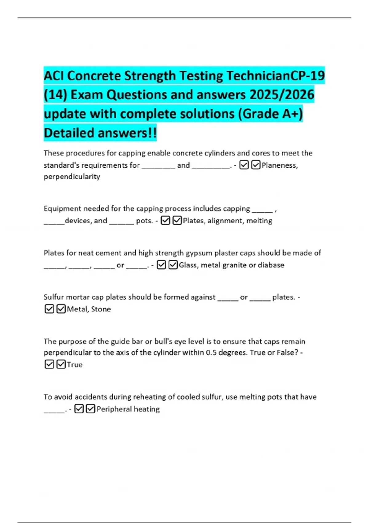 ACI Concrete Strength Testing TechnicianCP-19 (14) Exam Questions and ...