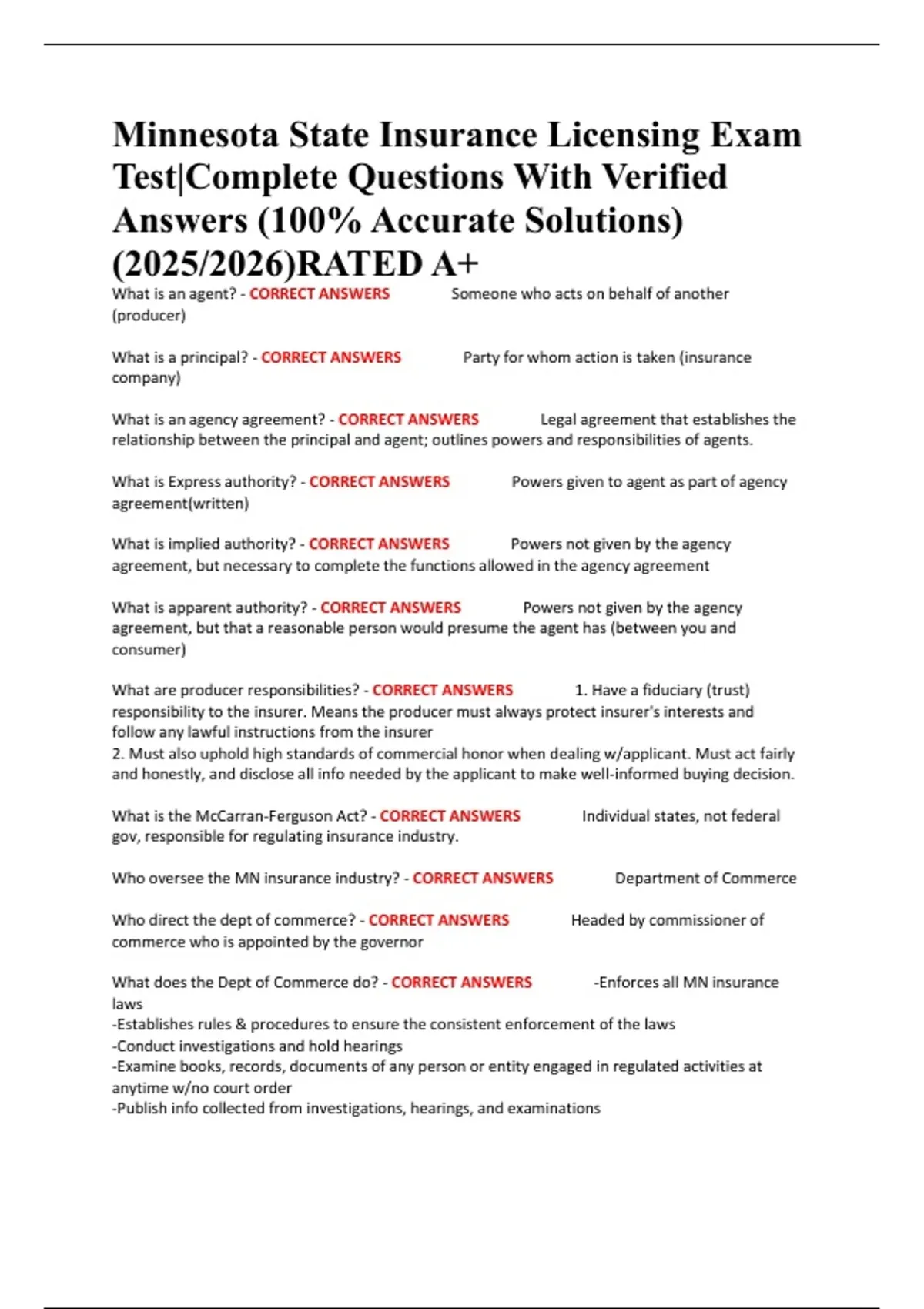 Minnesota State Insurance Licensing Exam Test|Complete Questions With ...