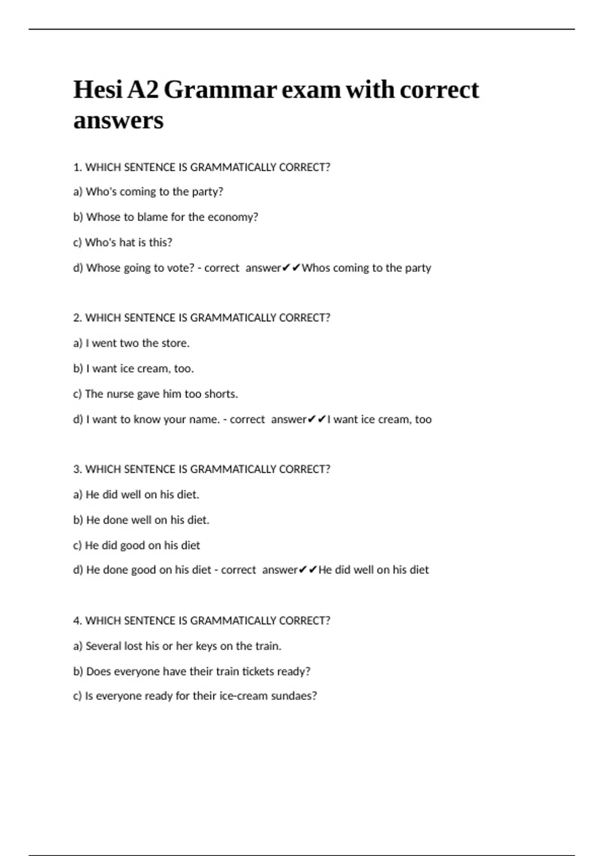 Hesi A2 Grammar exam with correct answers - HESI A2 . - Stuvia US