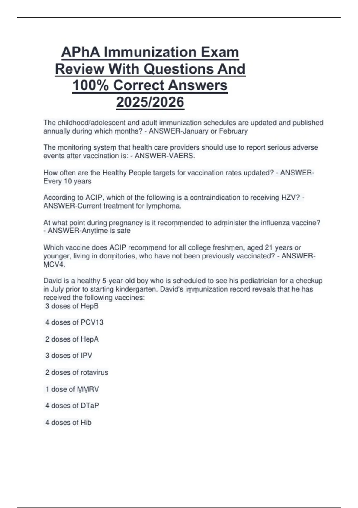APhA Immunization Exam Review With Questions And 100% Correct Answers ...