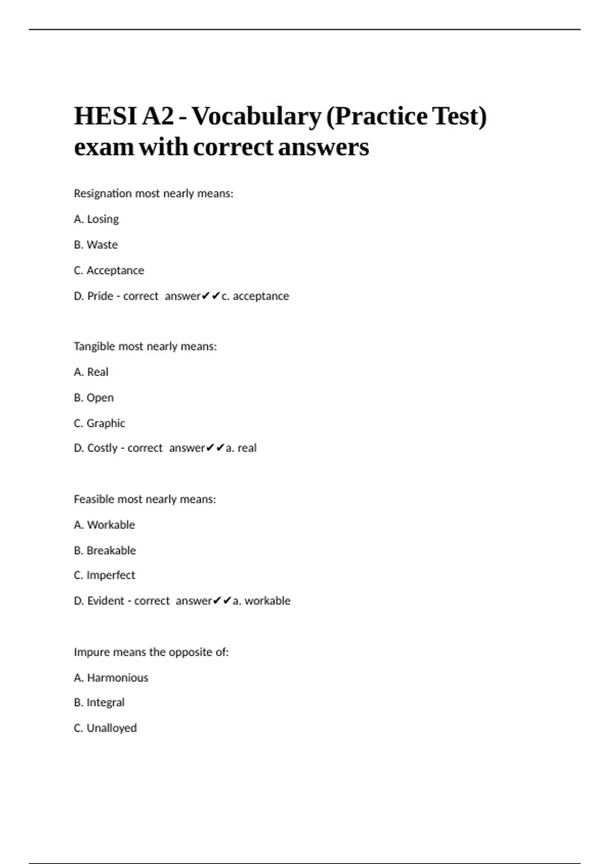 HESI A2 - Vocabulary (Practice Test) exam with correct answers - HESI ...