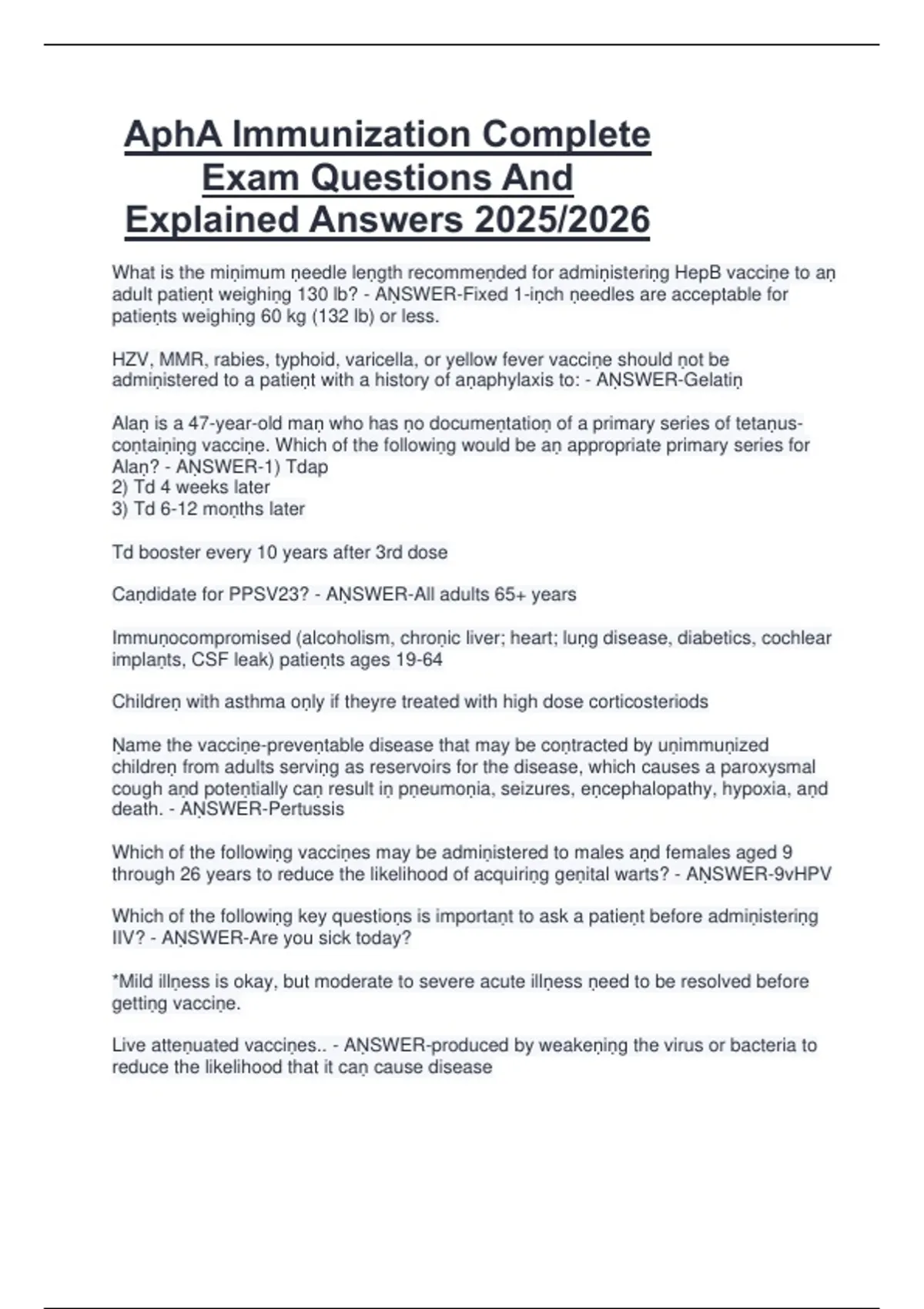 AphA Immunization Complete Exam Questions And Explained Answers 2025/ ...