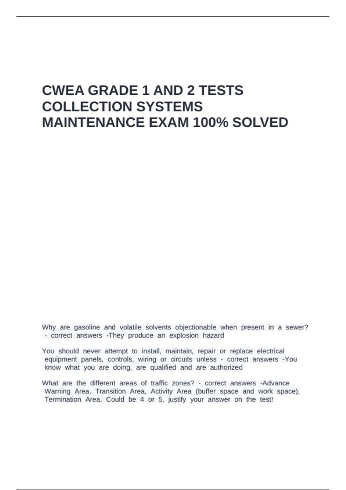 CWEA GRADE 1 AND 2 TESTS COLLECTION SYSTEMS MAINTENANCE EXAM 100 ...