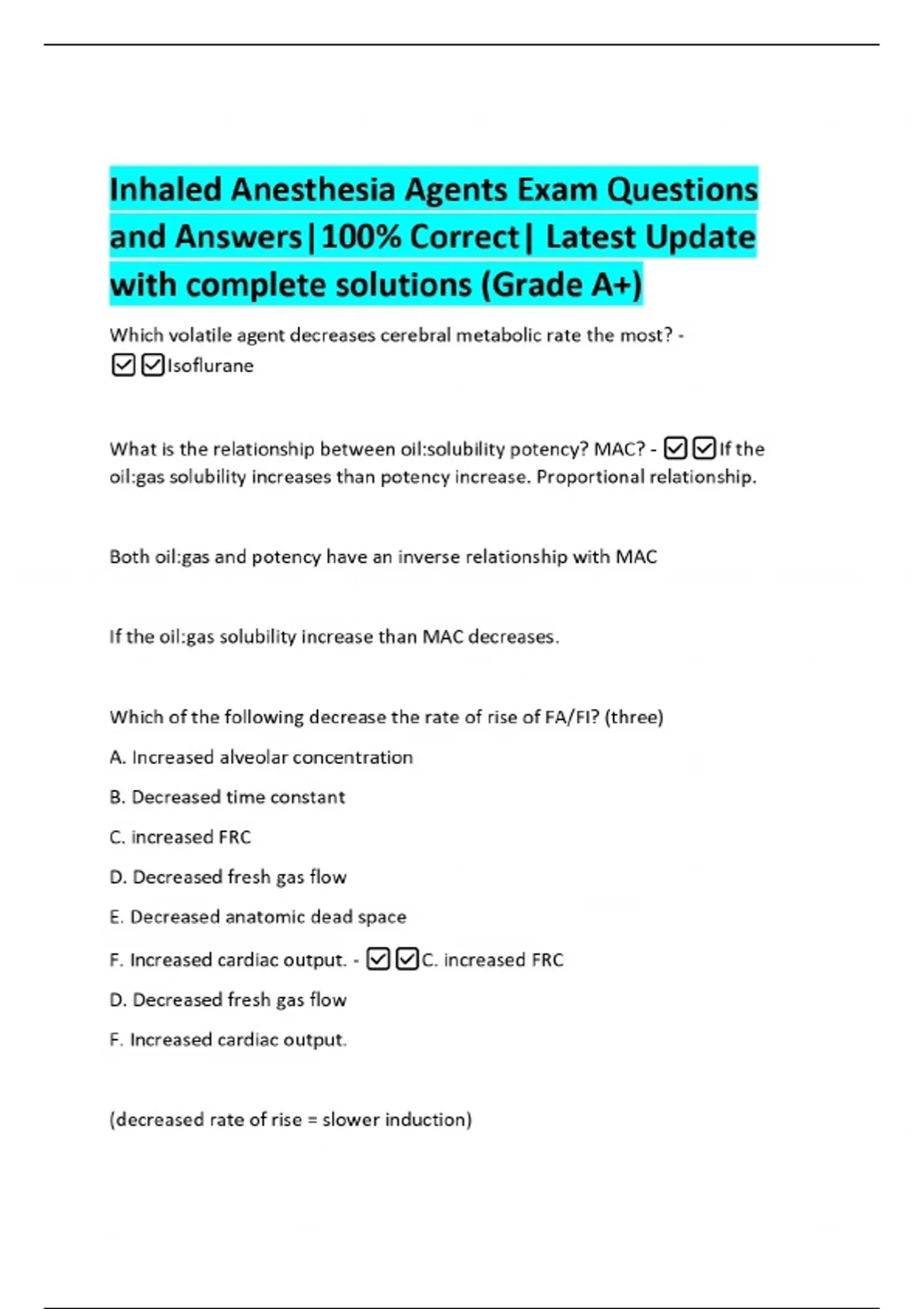 Inhaled Anesthesia Agents Exam Questions and Answers|100% Correct ...