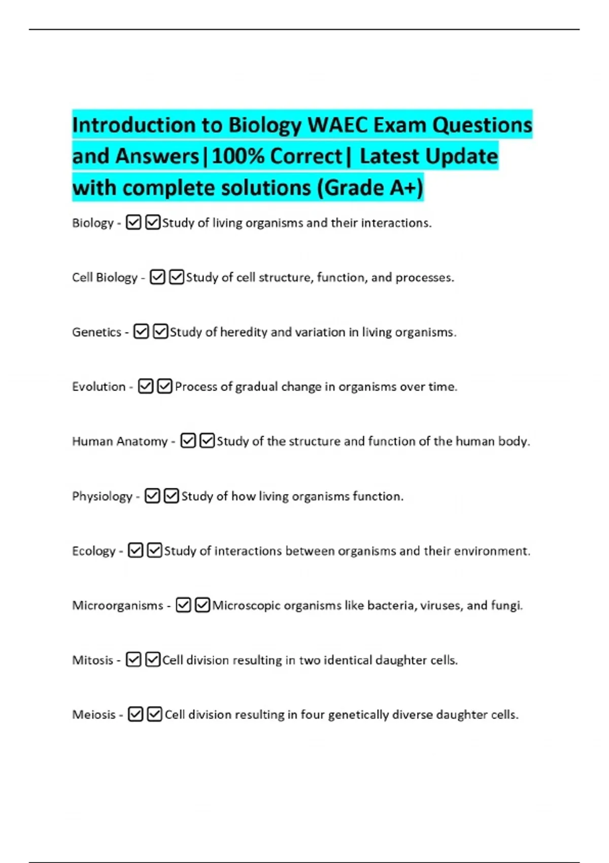 Introduction to Biology WAEC Exam Questions and Answers|100% Correct ...