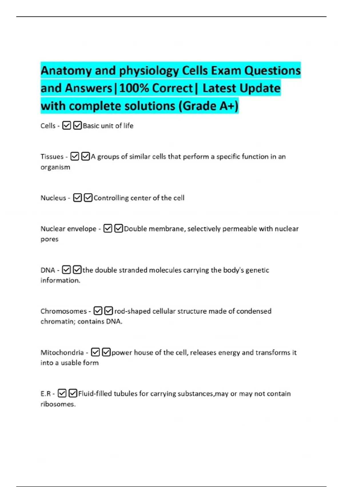 Anatomy and physiology Cells Exam Questions and Answers|100% Correct ...