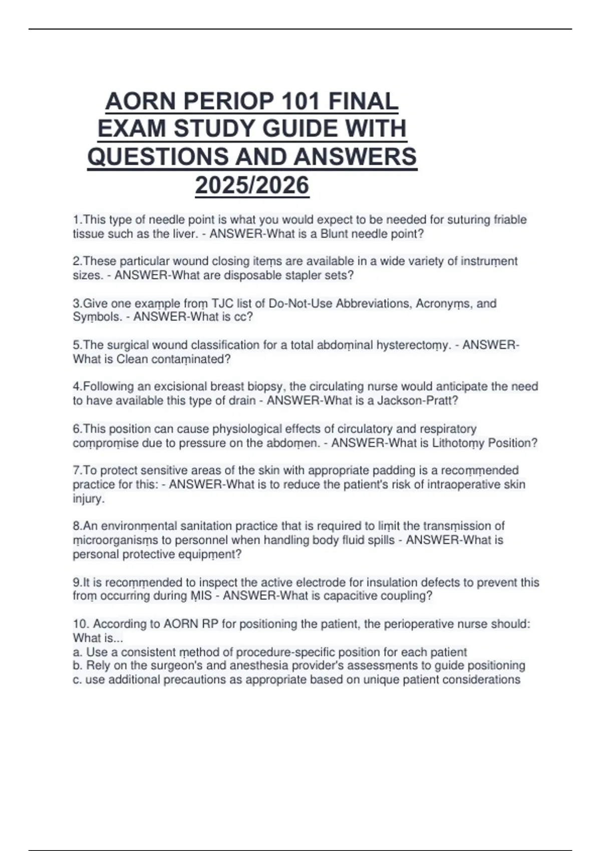 AORN PERIOP 101 FINAL EXAM STUDY GUIDE WITH QUESTIONS AND ANSWERS 2025/ ...