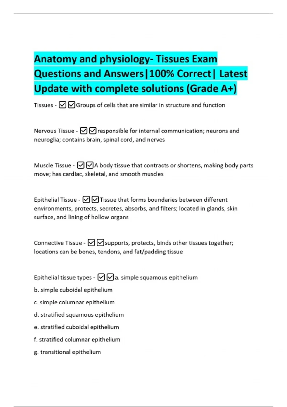 Anatomy and physiology- Tissues Exam Questions and Answers|100% Correct ...
