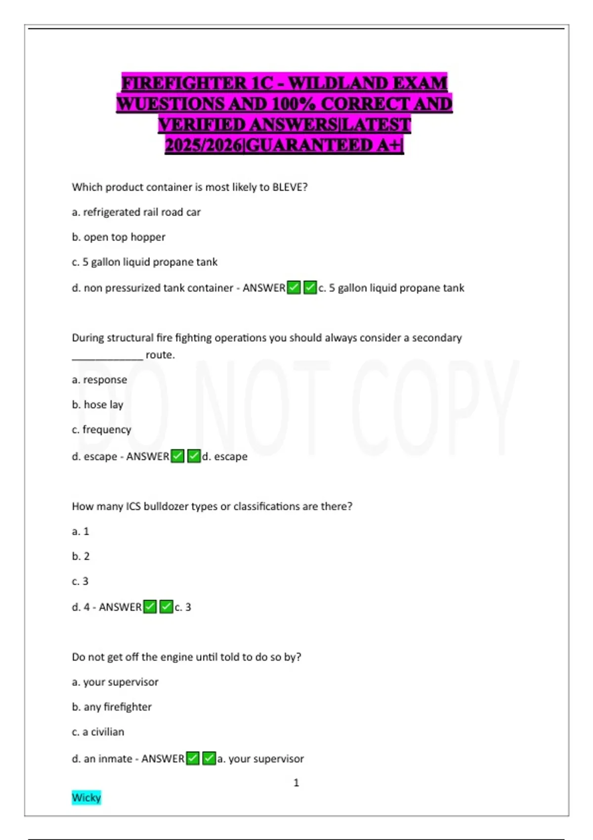 FIREFIGHTER 1C - WILDLAND EXAM WUESTIONS AND 100% CORRECT AND VERIFIED ...