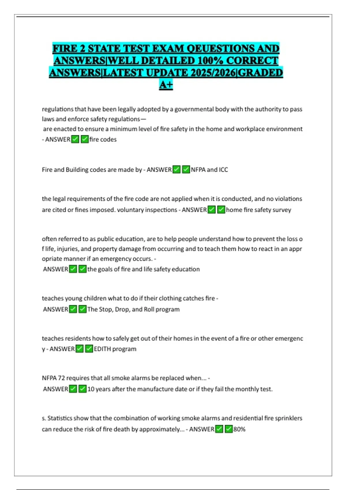 FIRE 2 STATE TEST EXAM QEUESTIONS AND ANSWERS|WELL DETAILED 100% ...