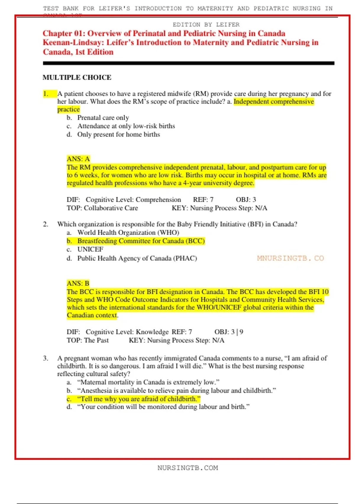 Test Bank For Leifer's Introduction to Maternity and Pediatric Nursing ...